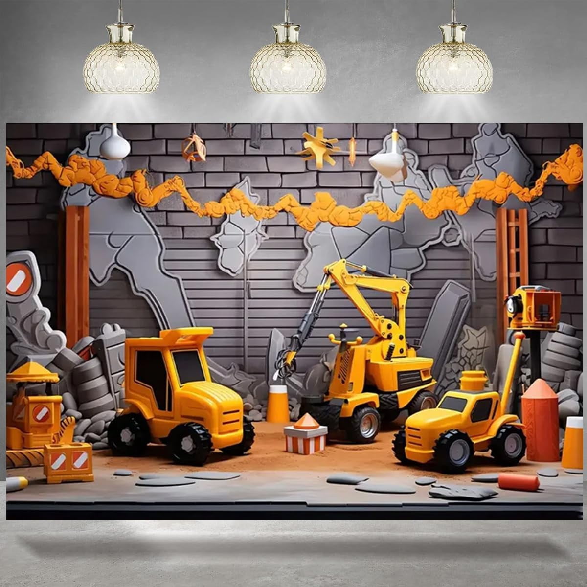 Cartoon Engineering Vehicle Excavator Birthday Backdrop Yellow ...