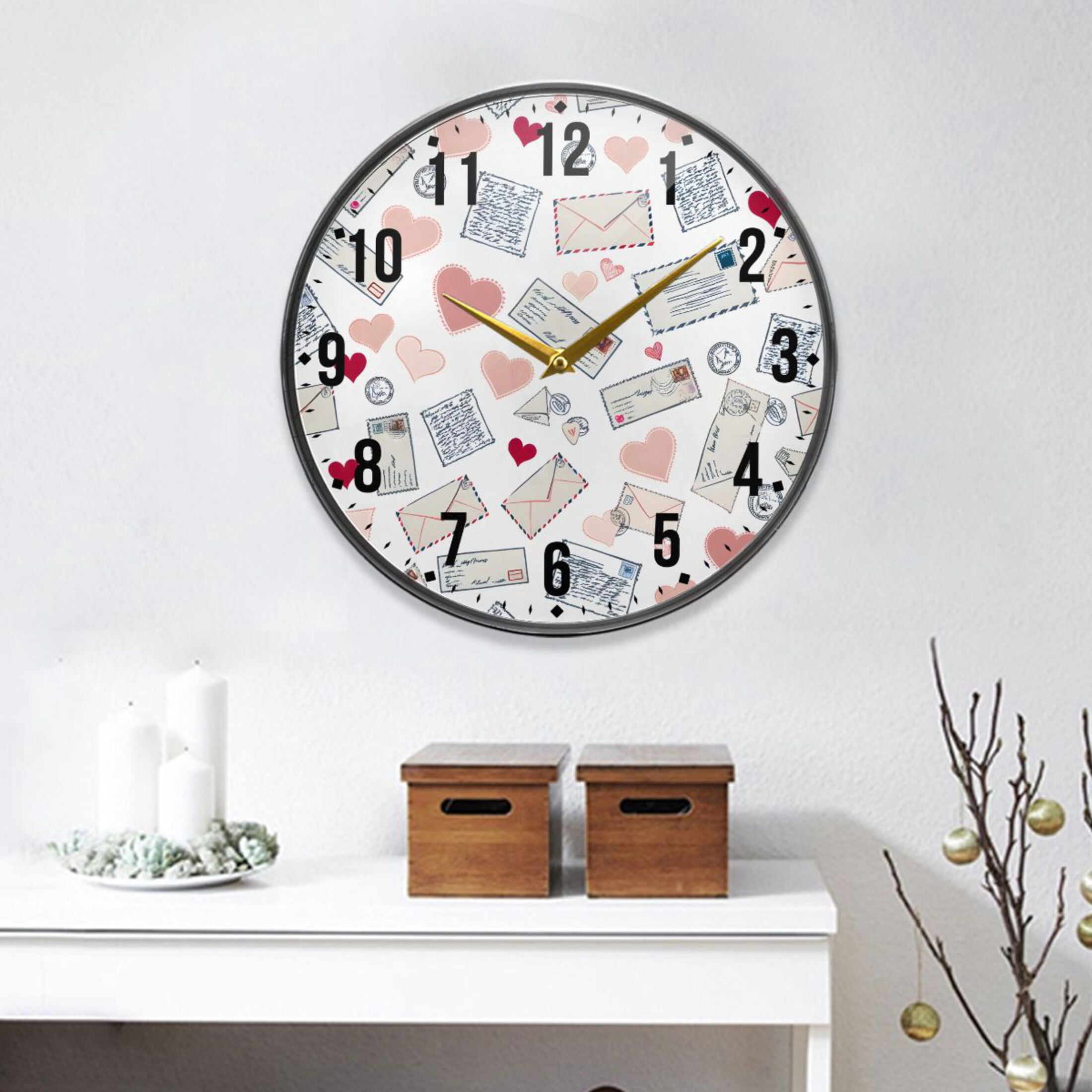 Cartoon Envelope Letter and Heart Round Wall Clock 12 Inch Non-Ticking ...