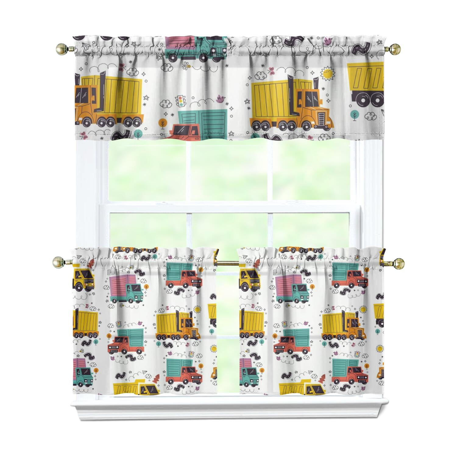 Cartoon Excavator Kitchen Window Curtain Set - Construction Vehicle ...