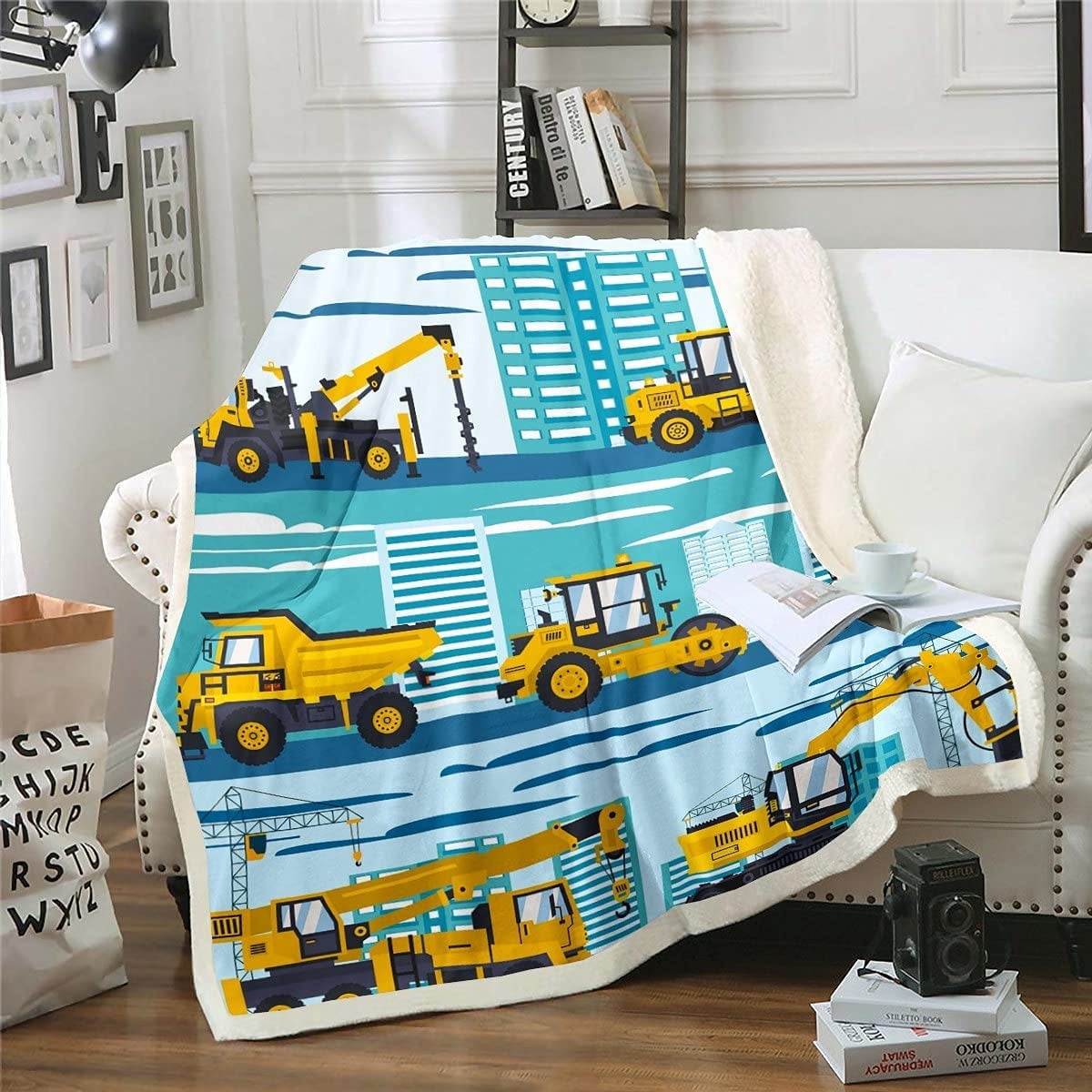 Cartoon Excavator Sherpa Blanket Kids Vehicles Truck Car Plush Blanket ...