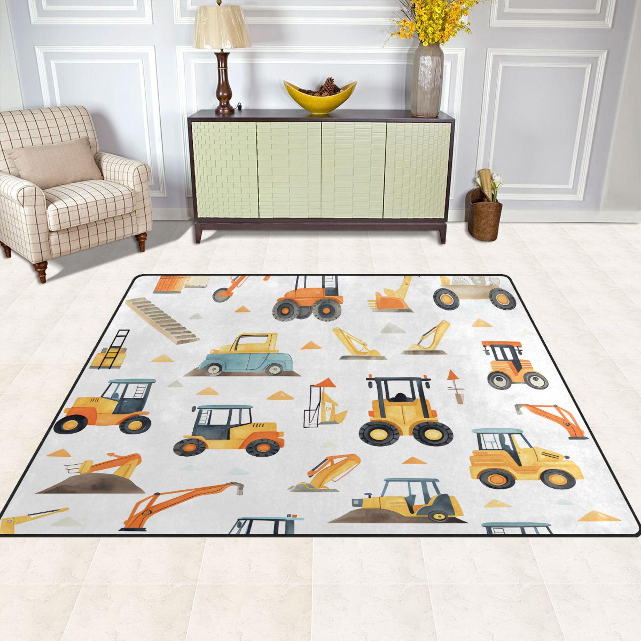 Cartoon Excavator Truck Area Floor Rugs Soft Non-Slip Large Mats ...