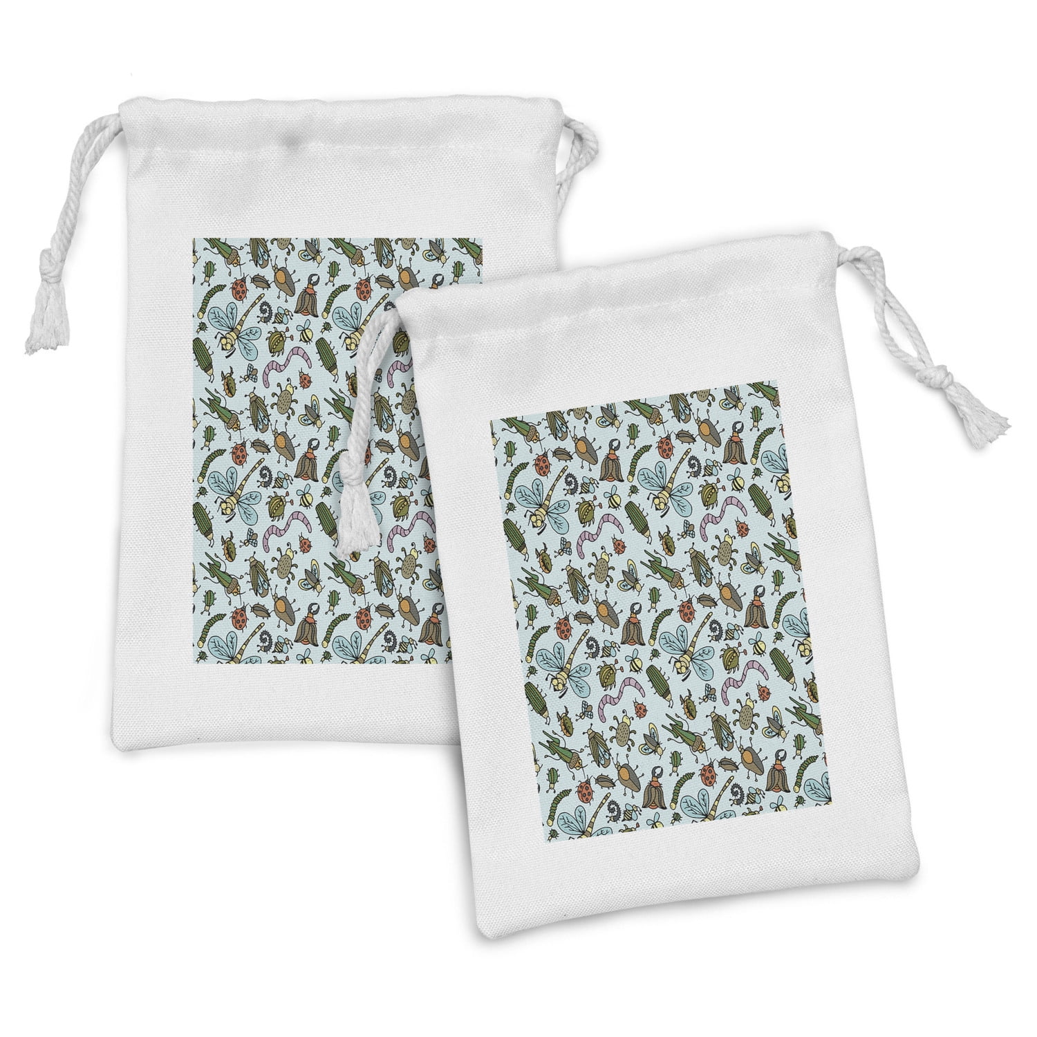 Cartoon Fabric Pouch Set of 2, Pastel Insects Dragonflies Beetle ...