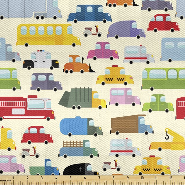 Ambesonne Cartoon Fabric by the Yard Upholstery, Style Car Traffic, 10 ...