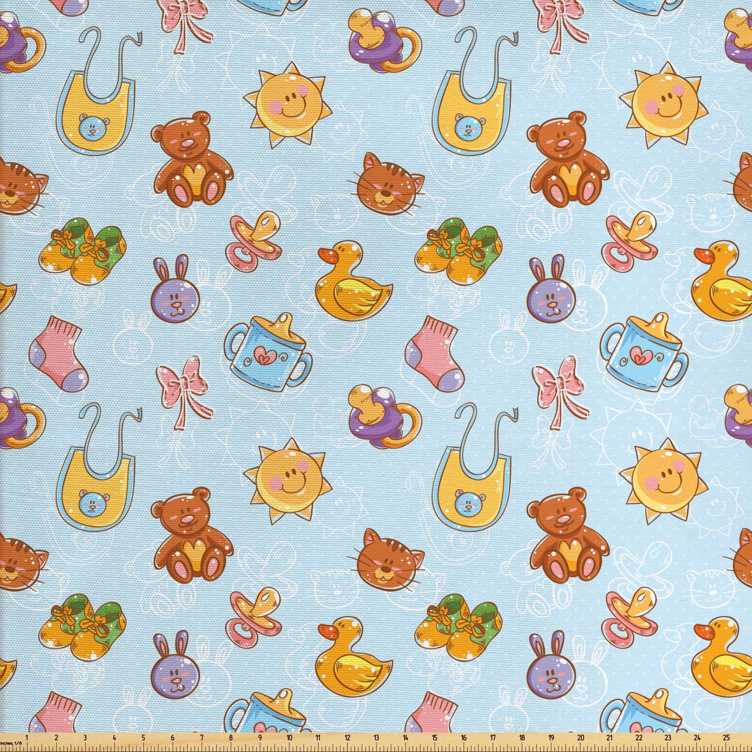 Ambesonne Cartoon Fabric by the Yard Upholstery, Sun Ribbon Teddy Bear ...