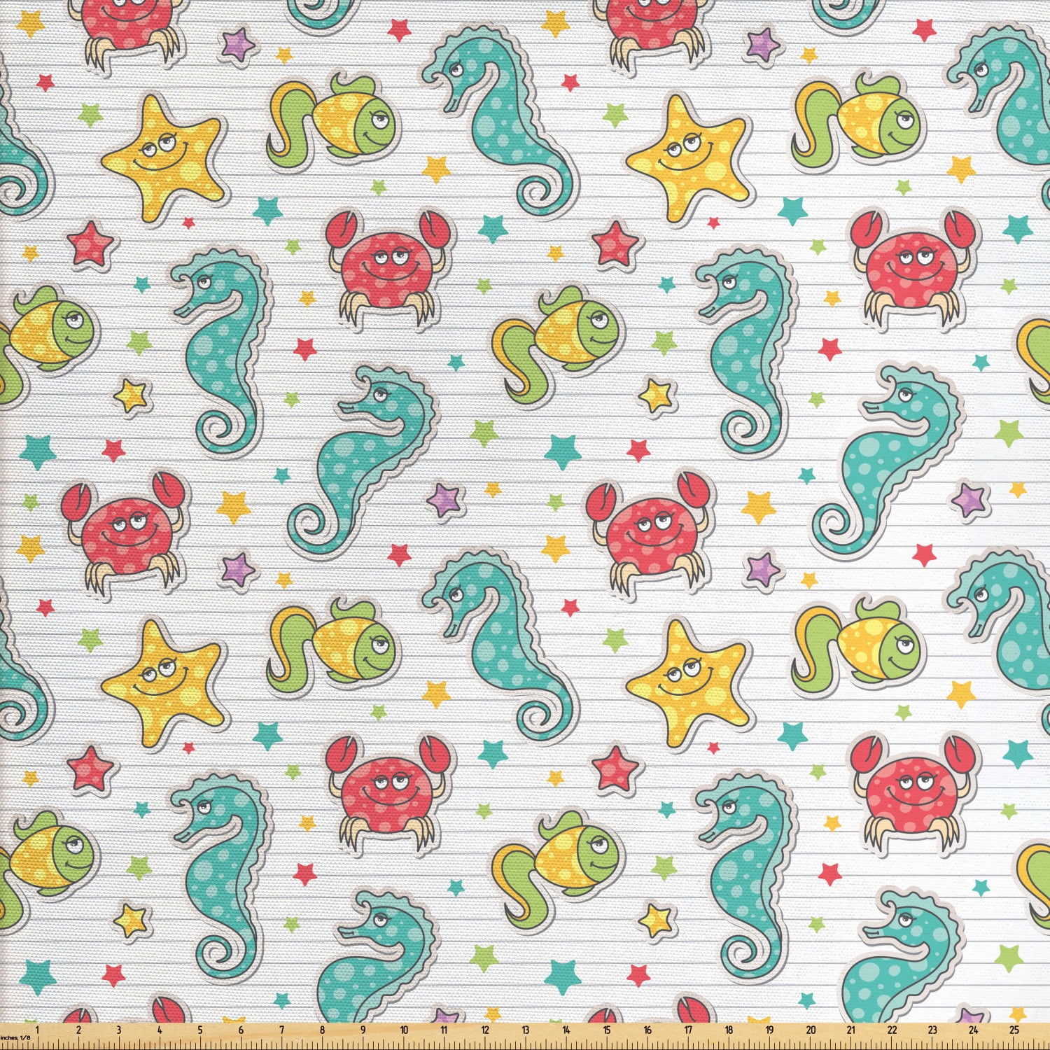 Cartoon Fabric by the Yard, Sea Creatures with Seahorse Crabs Fish Aqua ...