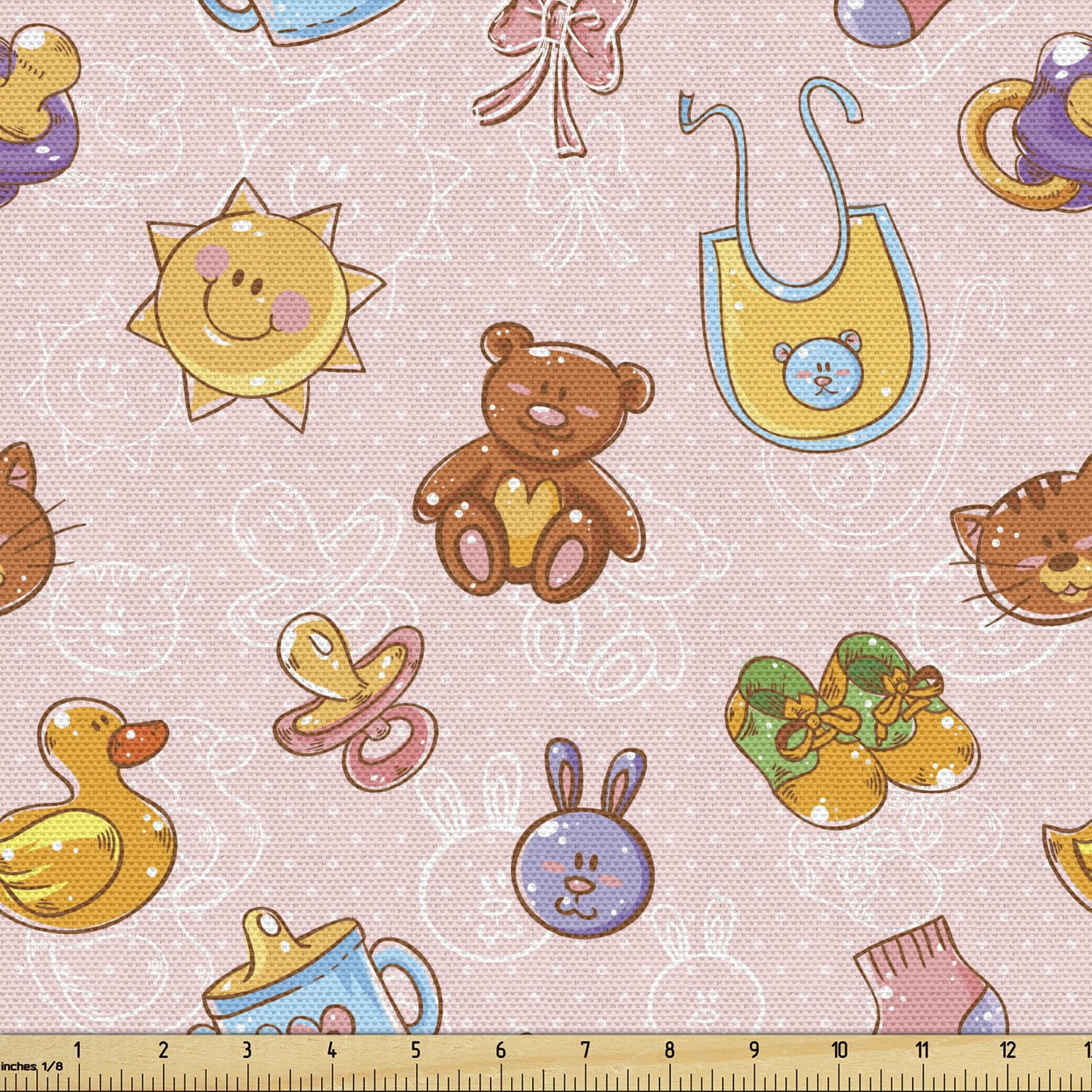 Ambesonne Cartoon Fabric by the Yard Upholstery, Teddy Bears and Ducks ...