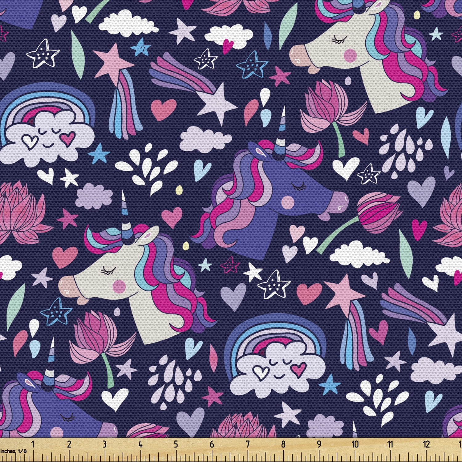Ambesonne Cartoon Fabric by the Yard Upholstery, Unicorns Stars Hearts ...