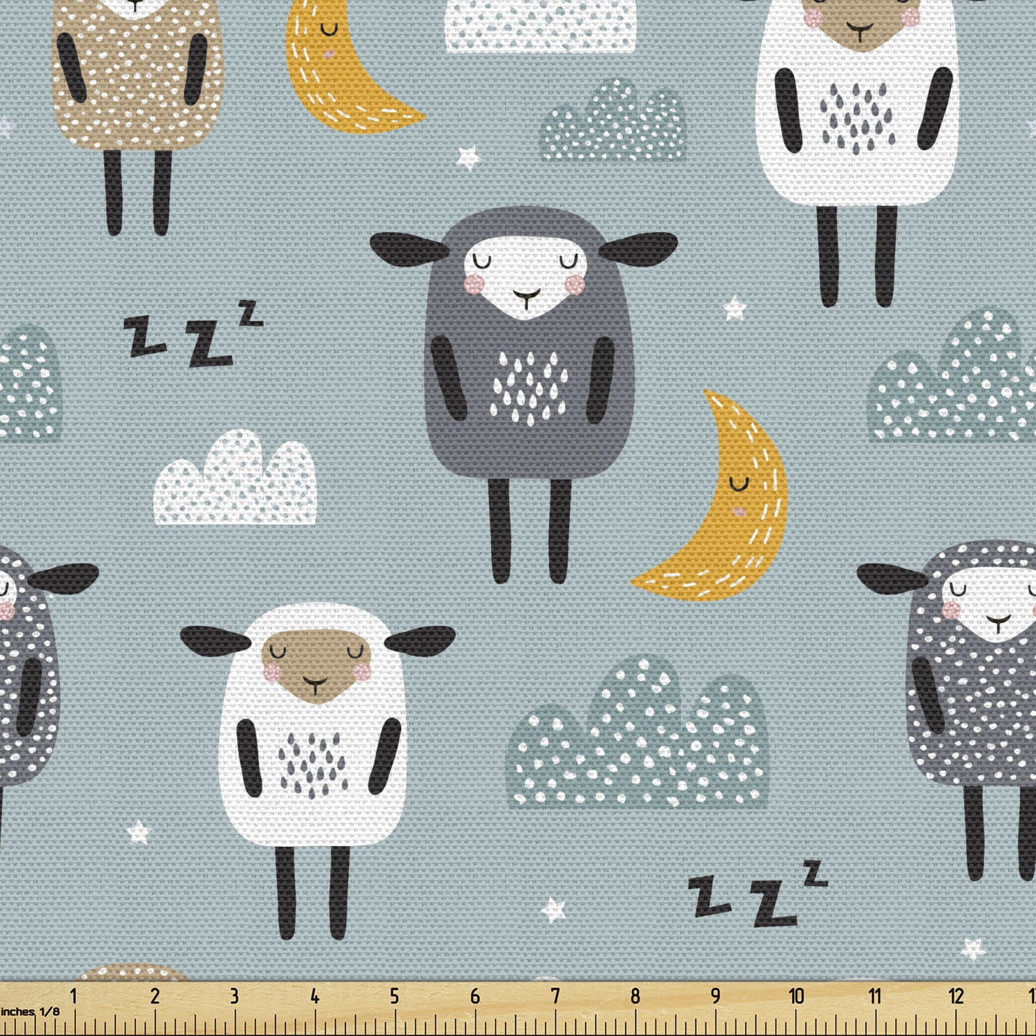 Ambesonne Cartoon Fabric by the Yard Upholstery, Sheep Moon Stars ...