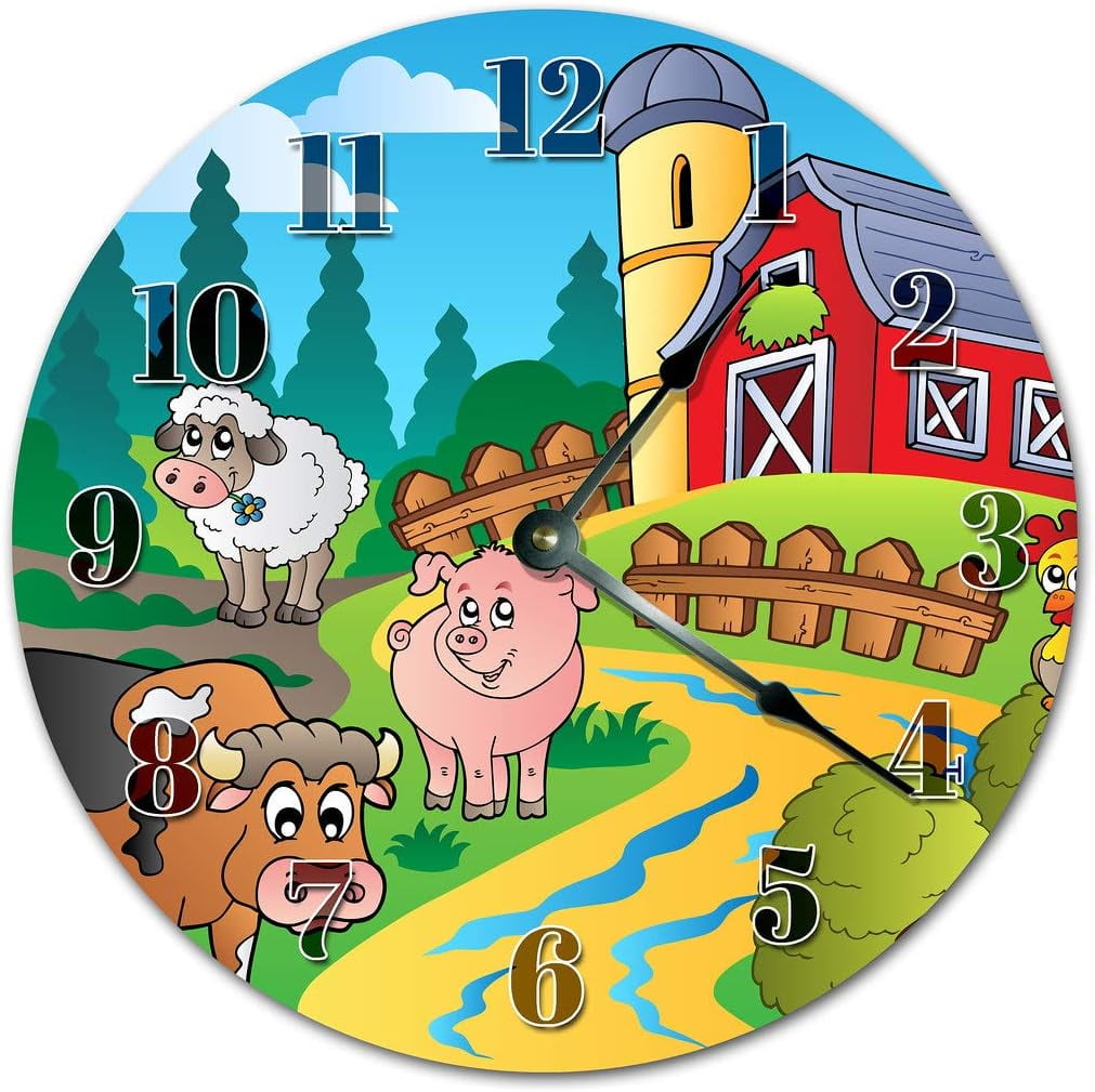 Cartoon Farm Animals Clock - Kids Clock - Large Wall Clock - Home Clock ...