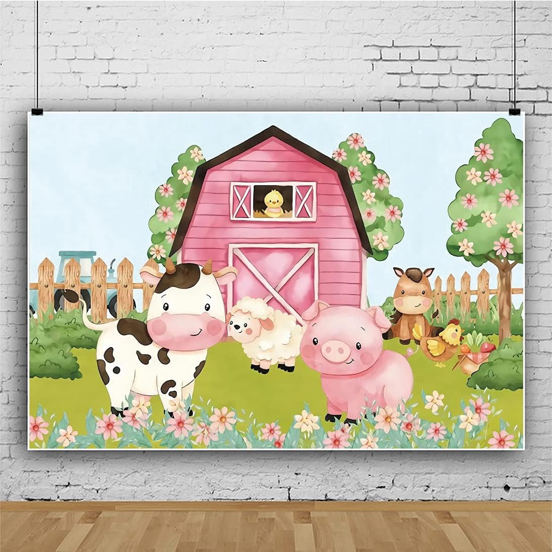 Cartoon Farm Animals Party Backdrop Pink Barn Girl Baby Shower Birthday ...