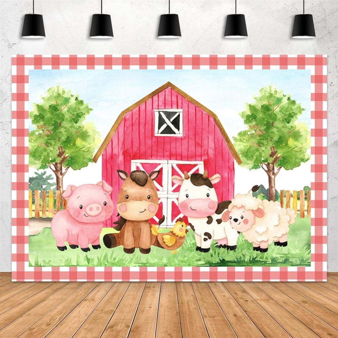 Cartoon Farm Animals Photography Backdrop Red Barn Barnyard Baby Girls ...