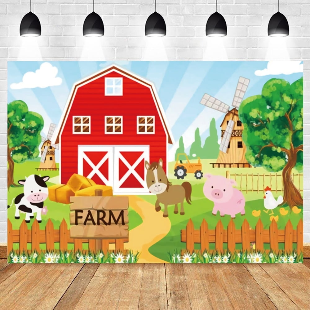 Cartoon Farm Animals Photography Backdrop Red Barn Barnyard Baby Shower ...