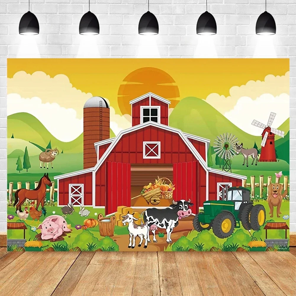 Cartoon Farm Backdrop Rural Barn Animal Tractor Newborn Baby Birthday ...