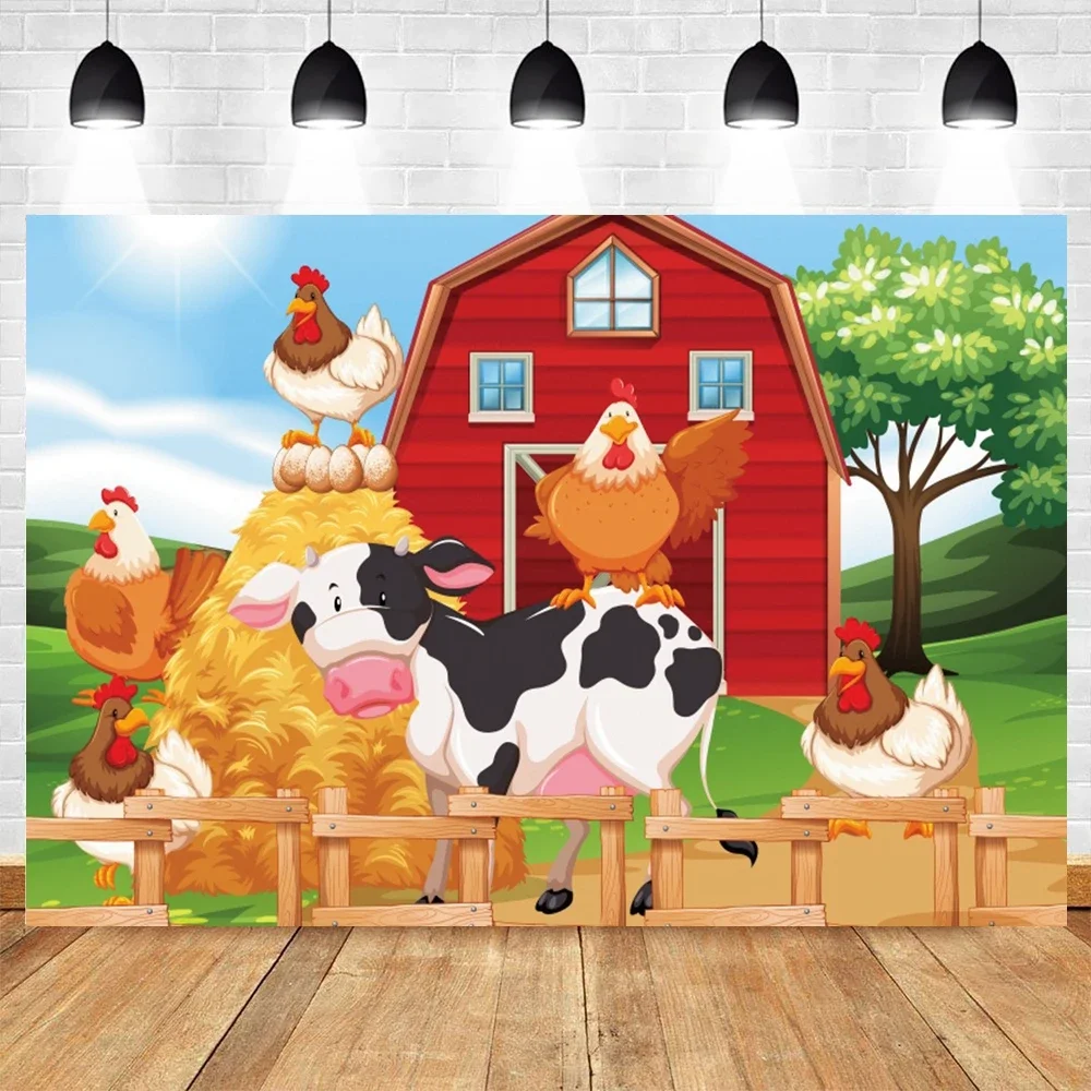 Cartoon Farm Backdrop Rural Barn Animal Tractor Newborn Baby Birthday ...