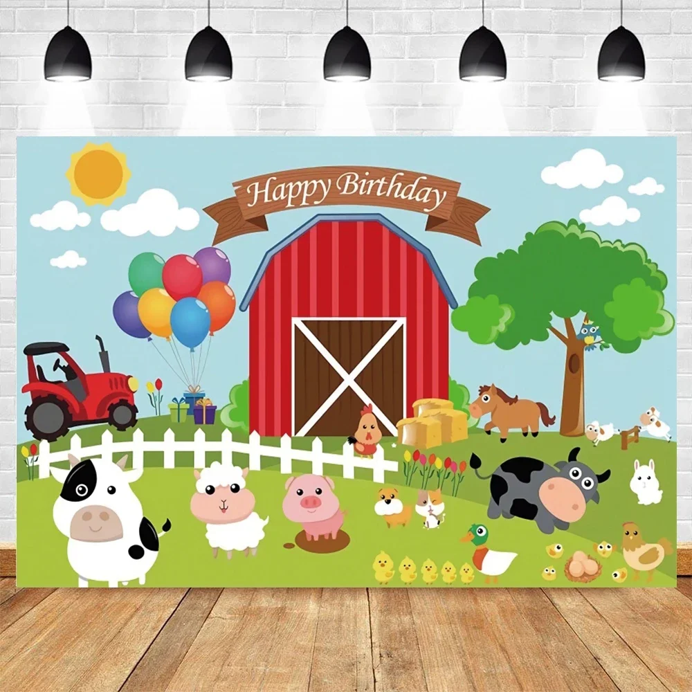 Cartoon Farm Backdrop Rural Barn Animal Tractor Newborn Baby Birthday ...