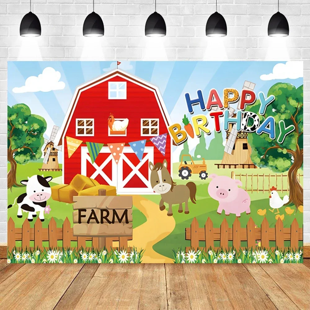 Cartoon Farm Backdrop Rural Barn Animal Tractor Newborn Baby Birthday ...