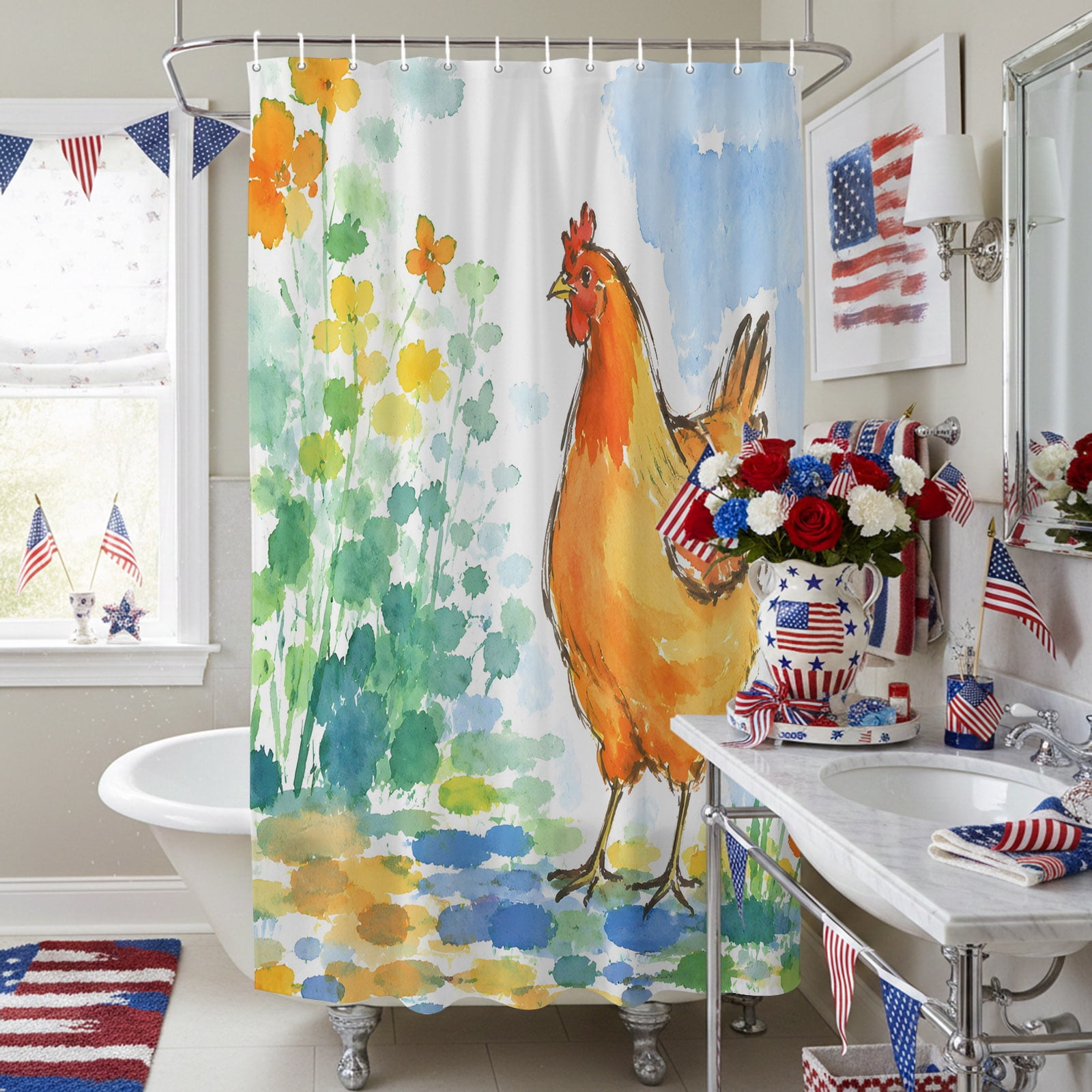 Cartoon Farm Chicken Shower Curtain for Bathroom, Country Wildflowers ...