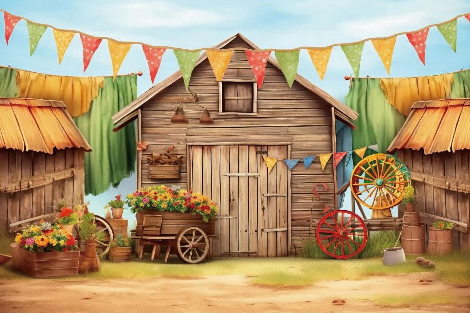 Cartoon Farm House Backdrop Rustic Wood Barn Haystack Flowers Kids ...