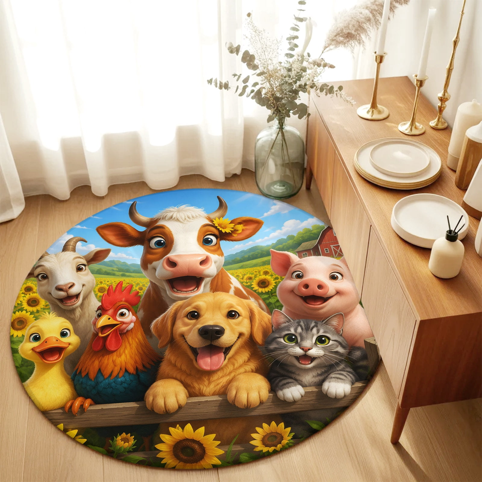 Cartoon Farm Puppy Pig Duck Round Area Rug 3ft,Living Room Rug Non-Slip ...