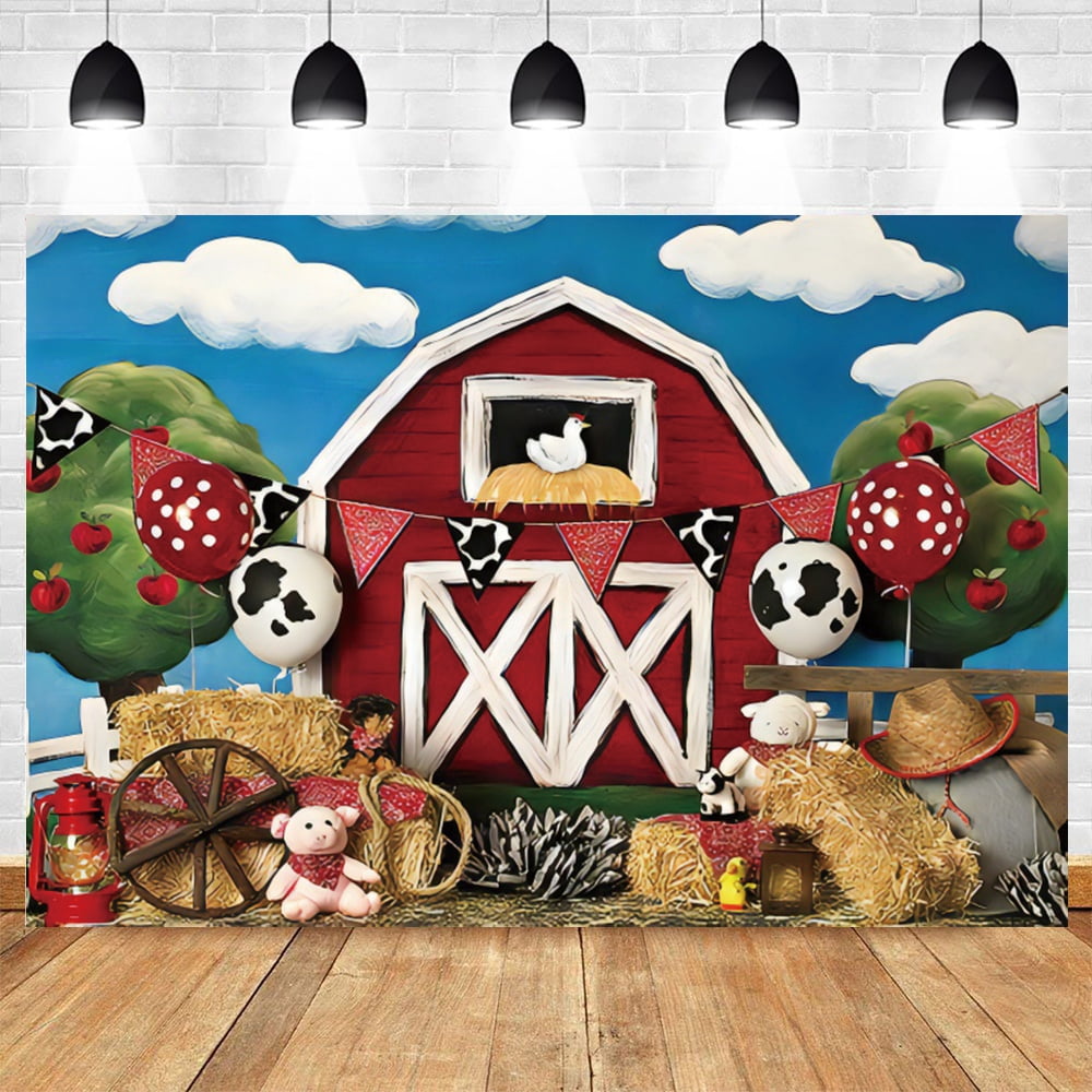 Cartoon Farm Red Barn Photo Background Rural Farm Animal Wood Fce Baby ...