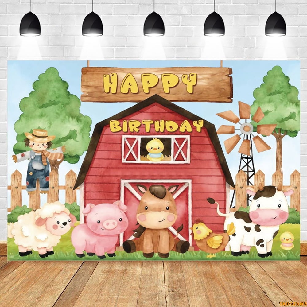 Cartoon Farm Red Barn Photo Background Rural Farm Animal Wood Fce Baby ...