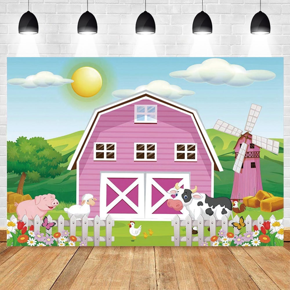 Cartoon Farm Red Barn Photo Background Rural Farm Animal Wood Fce Baby ...