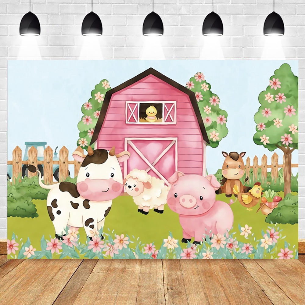 Cartoon Farm Red Barn Photo Background Rural Farm Animal Wood Fce Baby ...