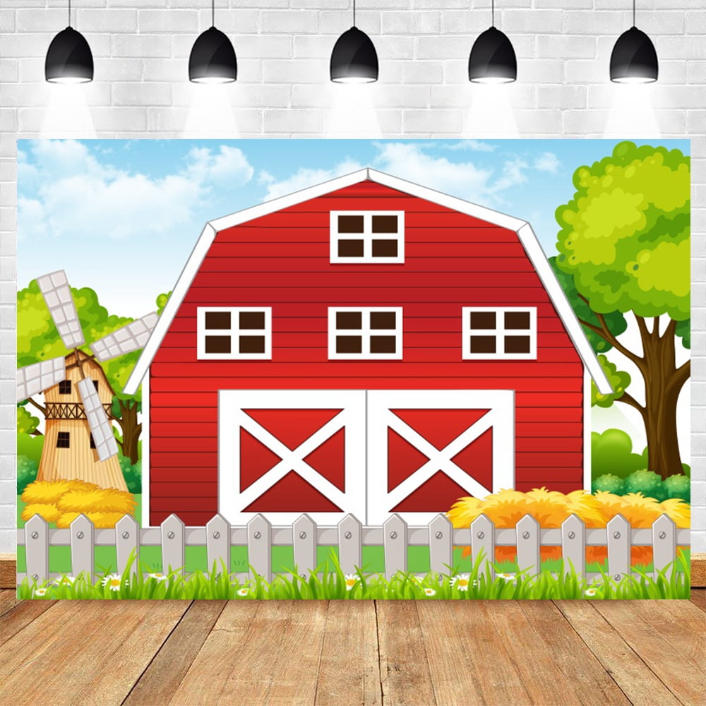 Cartoon Farm Red Barn Photo Background Rural Farm Animal Wood Fce Baby ...