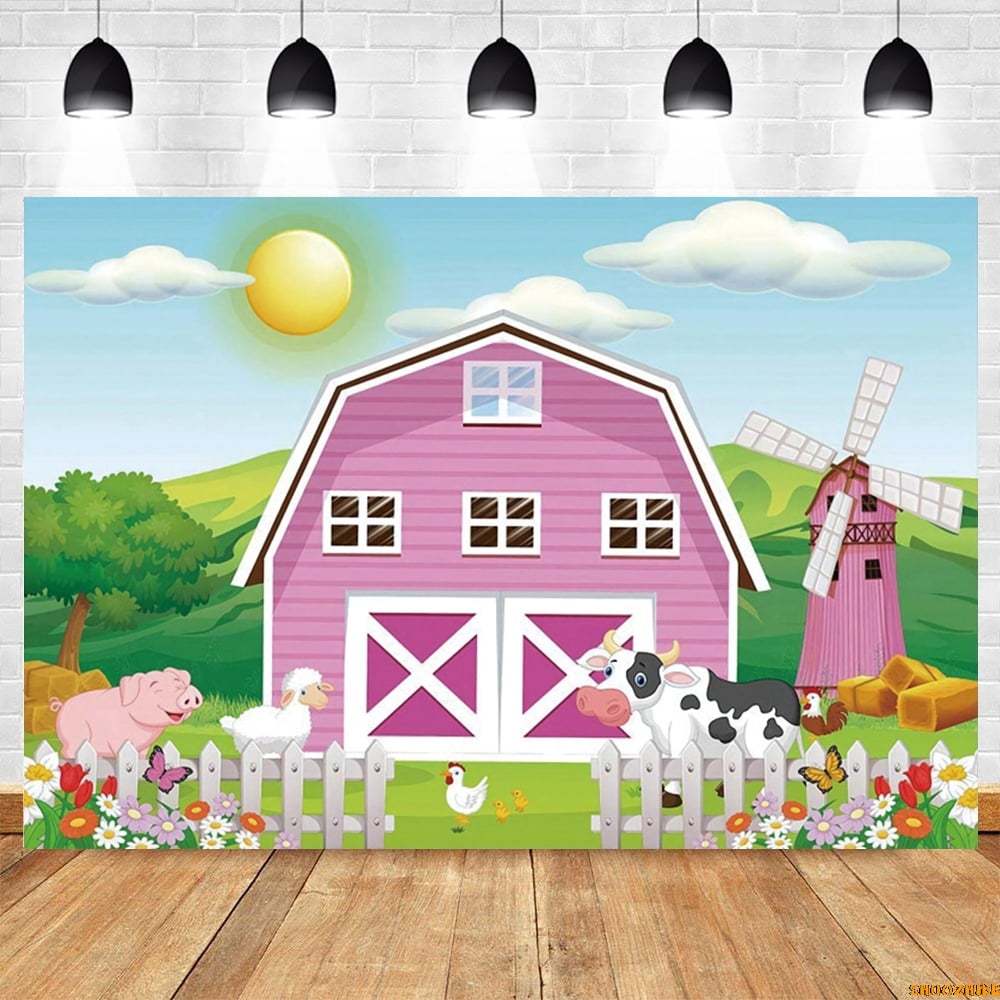 Cartoon Farm Red Barn Photo Background Rural Farm Animal Wood Fce Baby ...