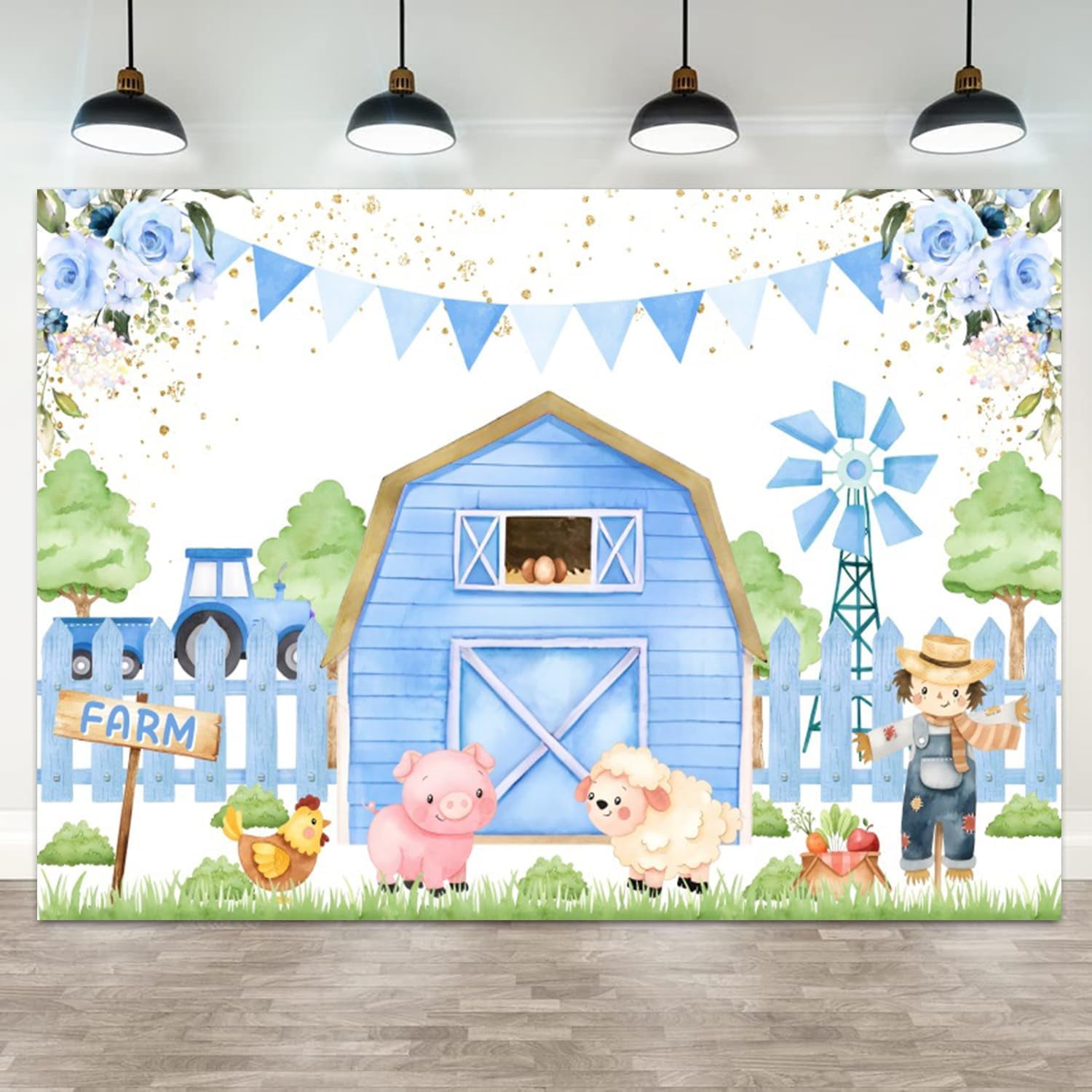 Cartoon Farm Scene Backdrop Blue Barn Farm Animals Baby Shower Happy ...