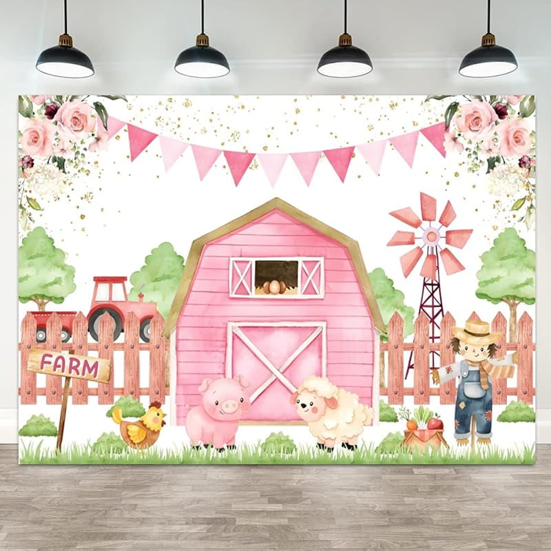 Cartoon Farm Scene Backdrop Pink Barn Farm Animals Baby Shower Happy ...