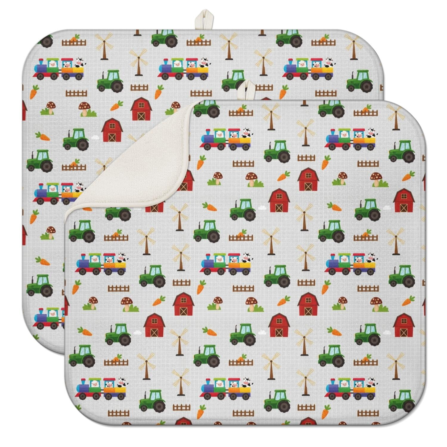 Cartoon Farm Vehicles Barns Gray Pattern Dish Drying Mat for Kitchen 1 ...