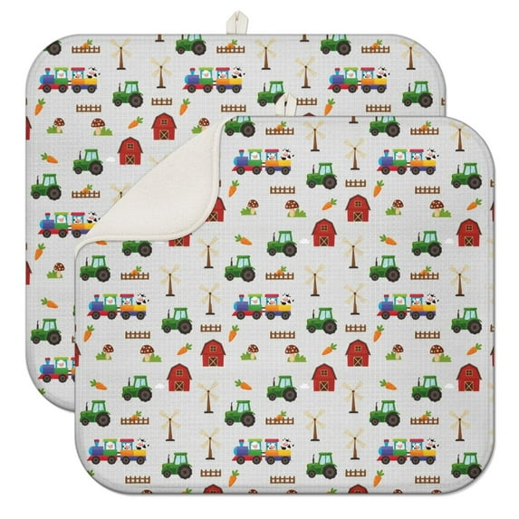 Cartoon Farm Vehicles Barns Gray Pattern Dish Drying Mat for Kitchen 1 ...