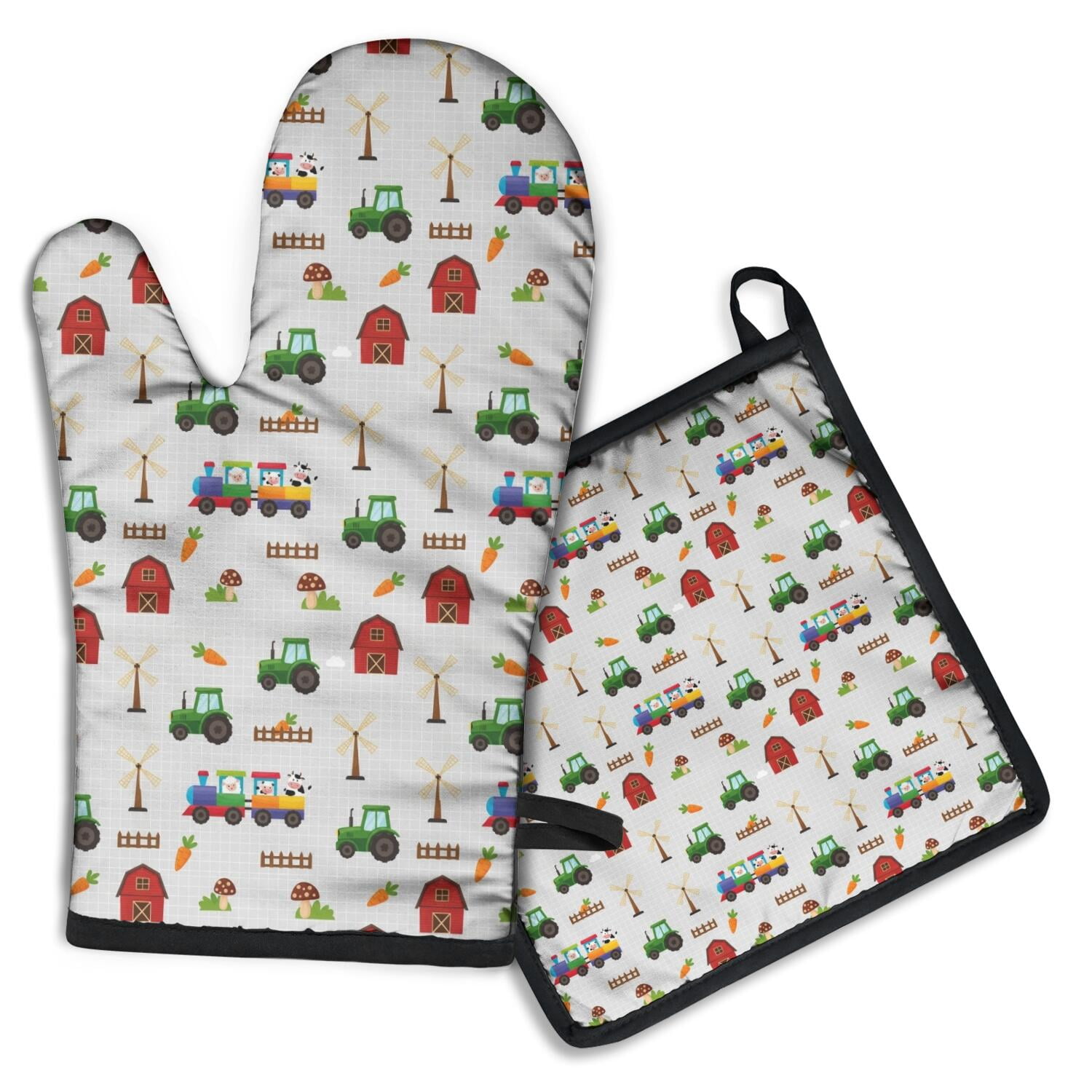 Cartoon Farm Vehicles Barns Gray Pattern Kitchen Oven Mitt and Pot ...