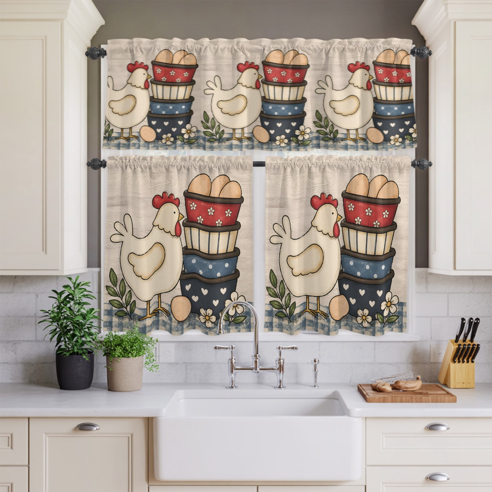 Cartoon Farm White Hen Curtain Tier and Valance Set 3 Piece,Brown Eggs ...
