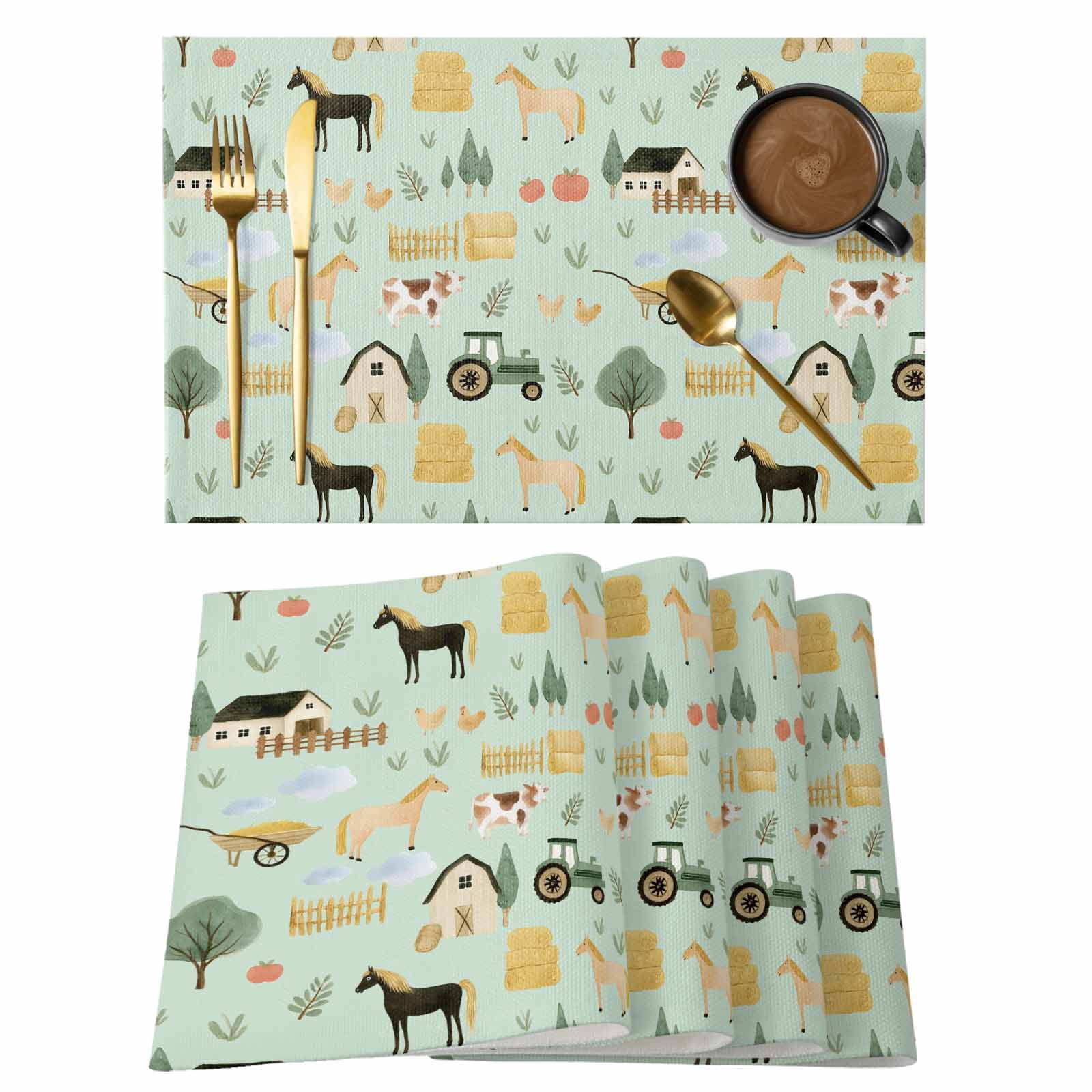 Cartoon Farmhouse Placemats Set of 8 Cute Watercolor Cabin Animals ...