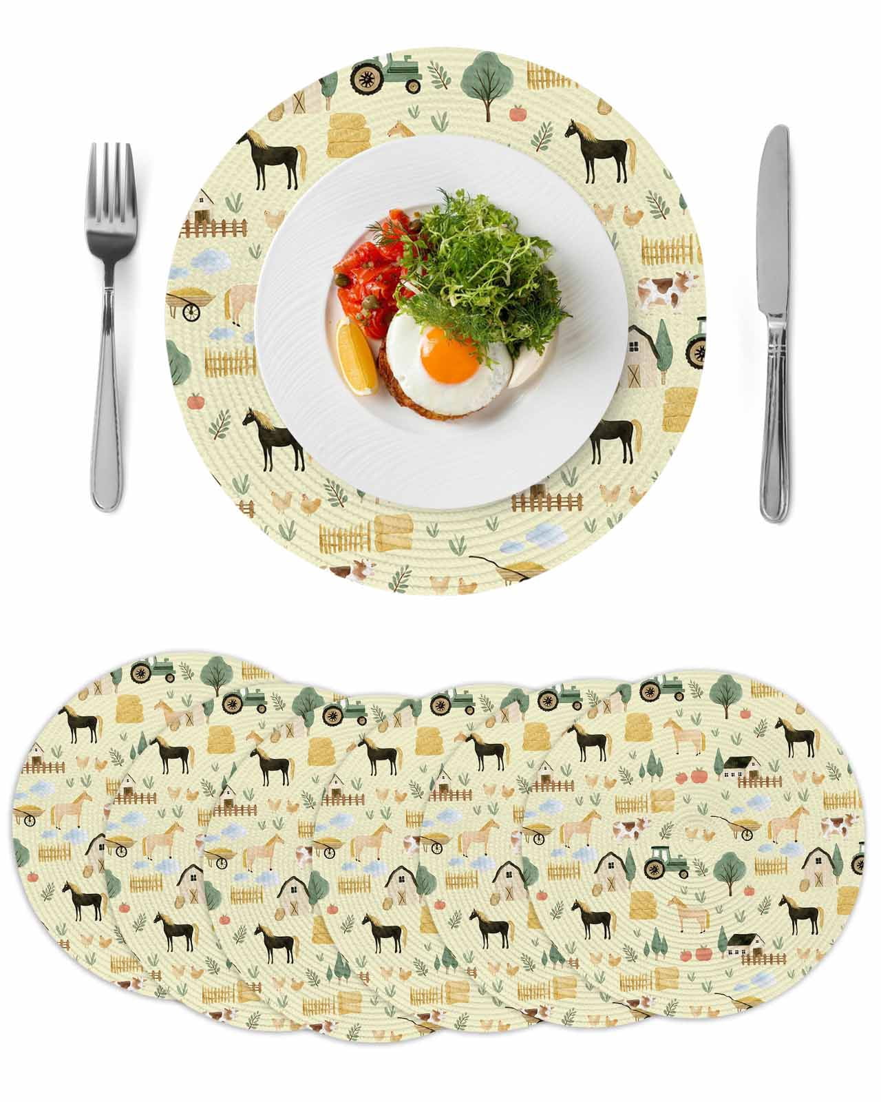 Cartoon Farmhouse Round 13 Inch Placemats Set of 6, Cute Watercolor ...