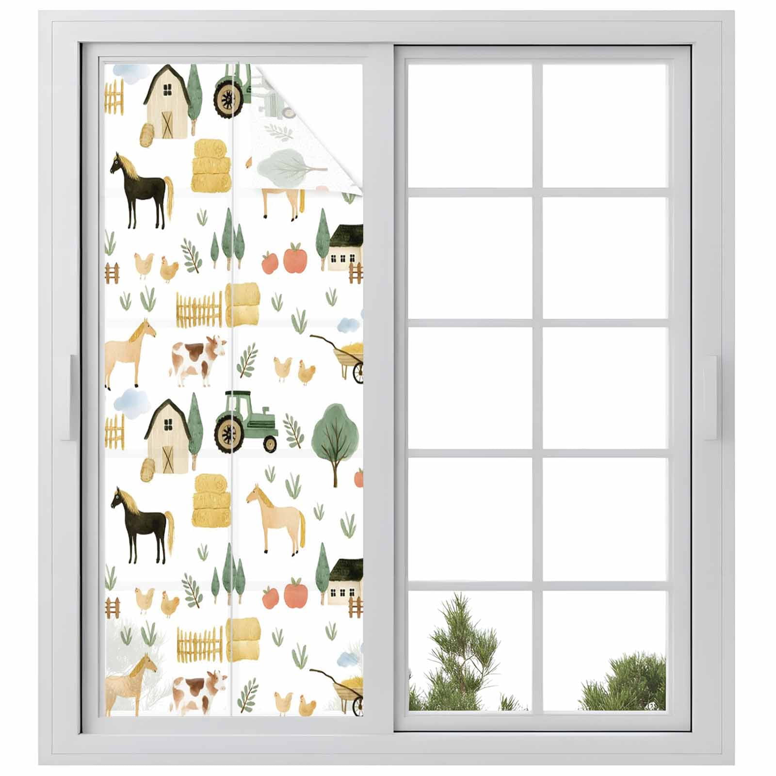 Cartoon Farmhouse Window Privacy Film, Cute Watercolor Cabin Animals ...
