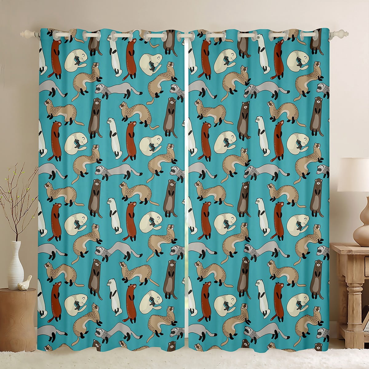 Cartoon Ferret Curtains & Drapes Funny Wildlife Curtains, Kawaii Animal ...