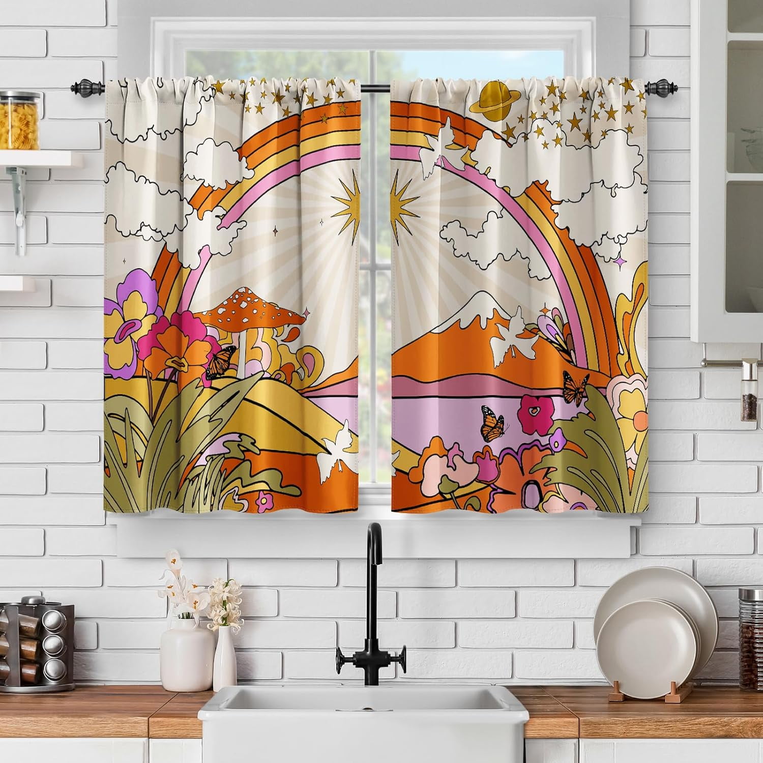 Cartoon Field Floral Kitchen Curtains - Flowers Mushroom Mountain ...