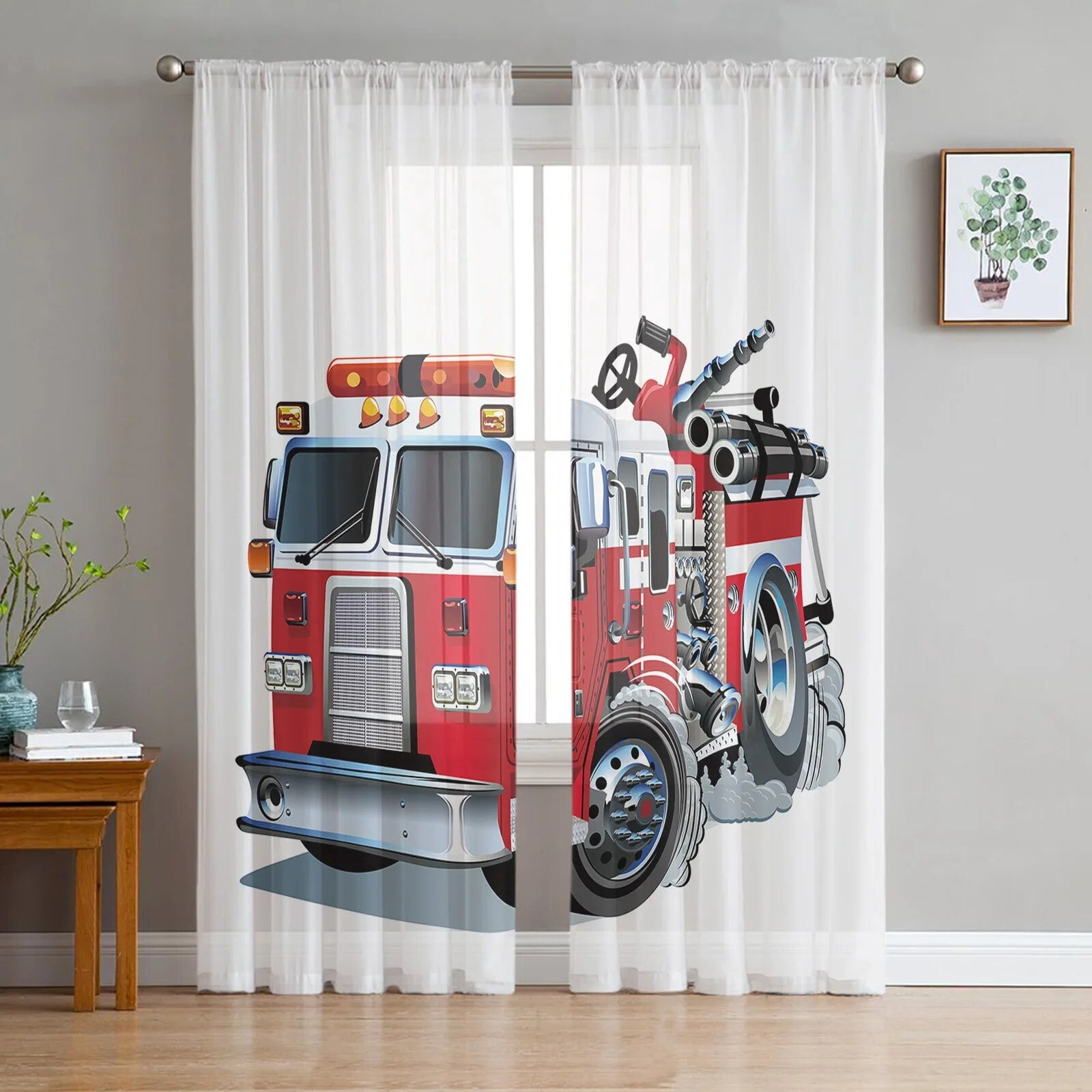 Cartoon Fire Truck Ambulance Police Car Chiffon Sheer Curtains for ...