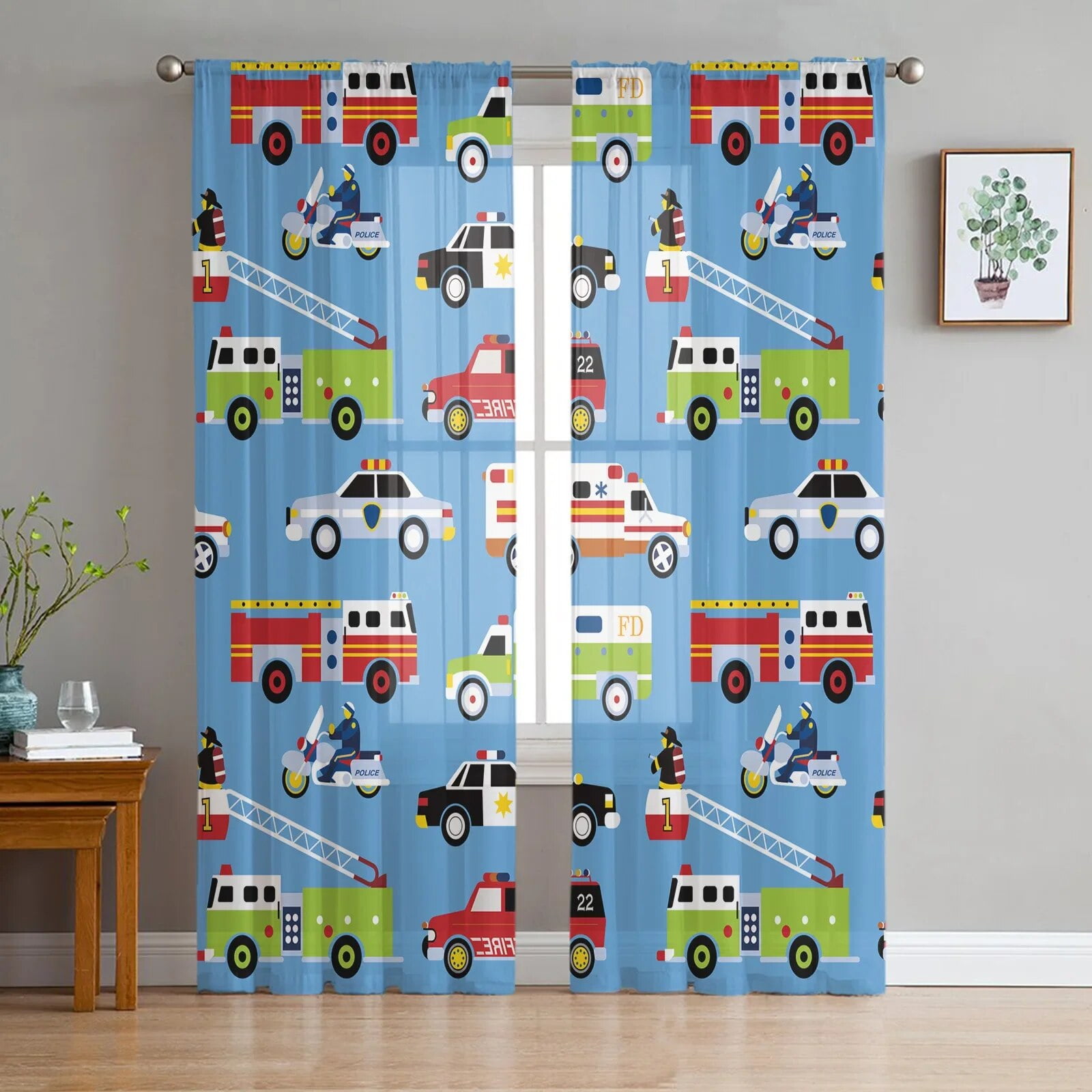 Cartoon Fire Truck Ambulance Police Car Chiffon Sheer Curtains for ...