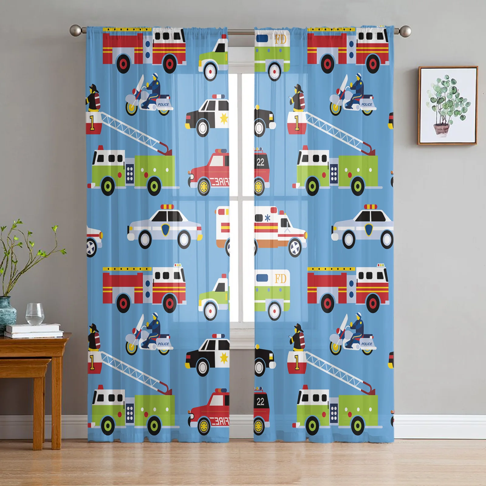 Cartoon Fire Truck Ambulance Police Car Chiffon Sheer Curtains for ...