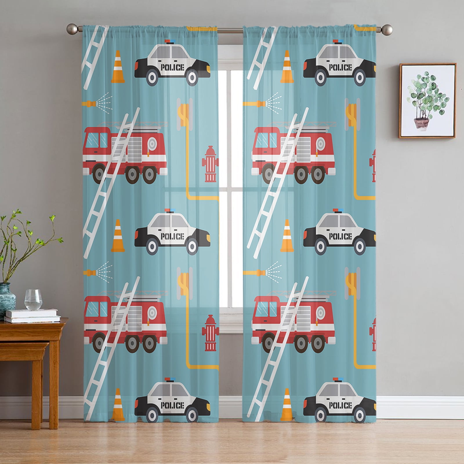 Cartoon Fire Truck Ambulance Police Car Tulle Curtains for Living Room ...