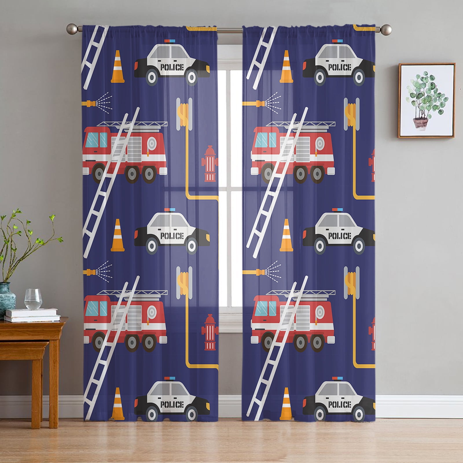 Cartoon Fire Truck Ambulance Police Car Tulle Curtains for Living Room ...