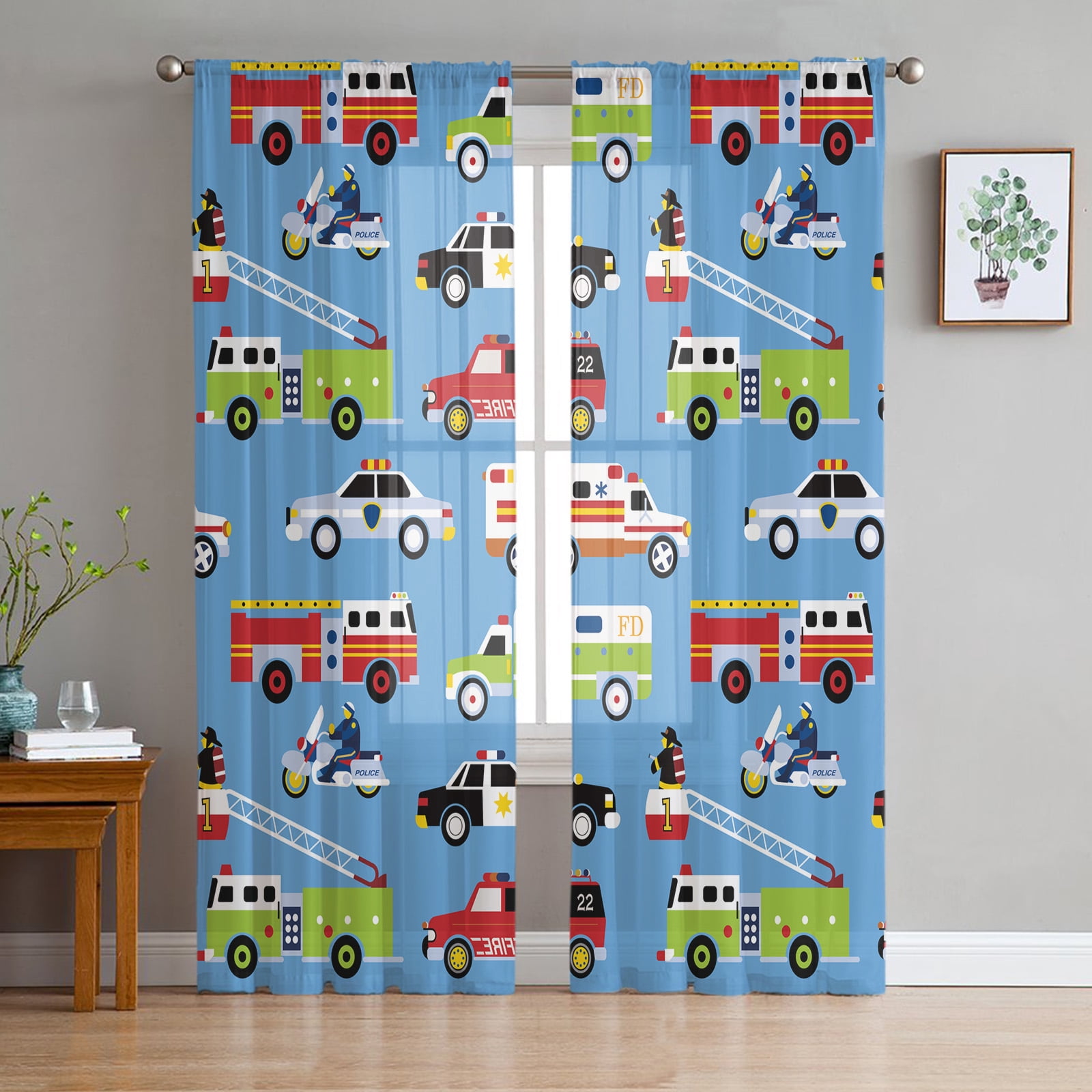 Cartoon Fire Truck Ambulance Police Car Tulle Curtains for Living Room ...