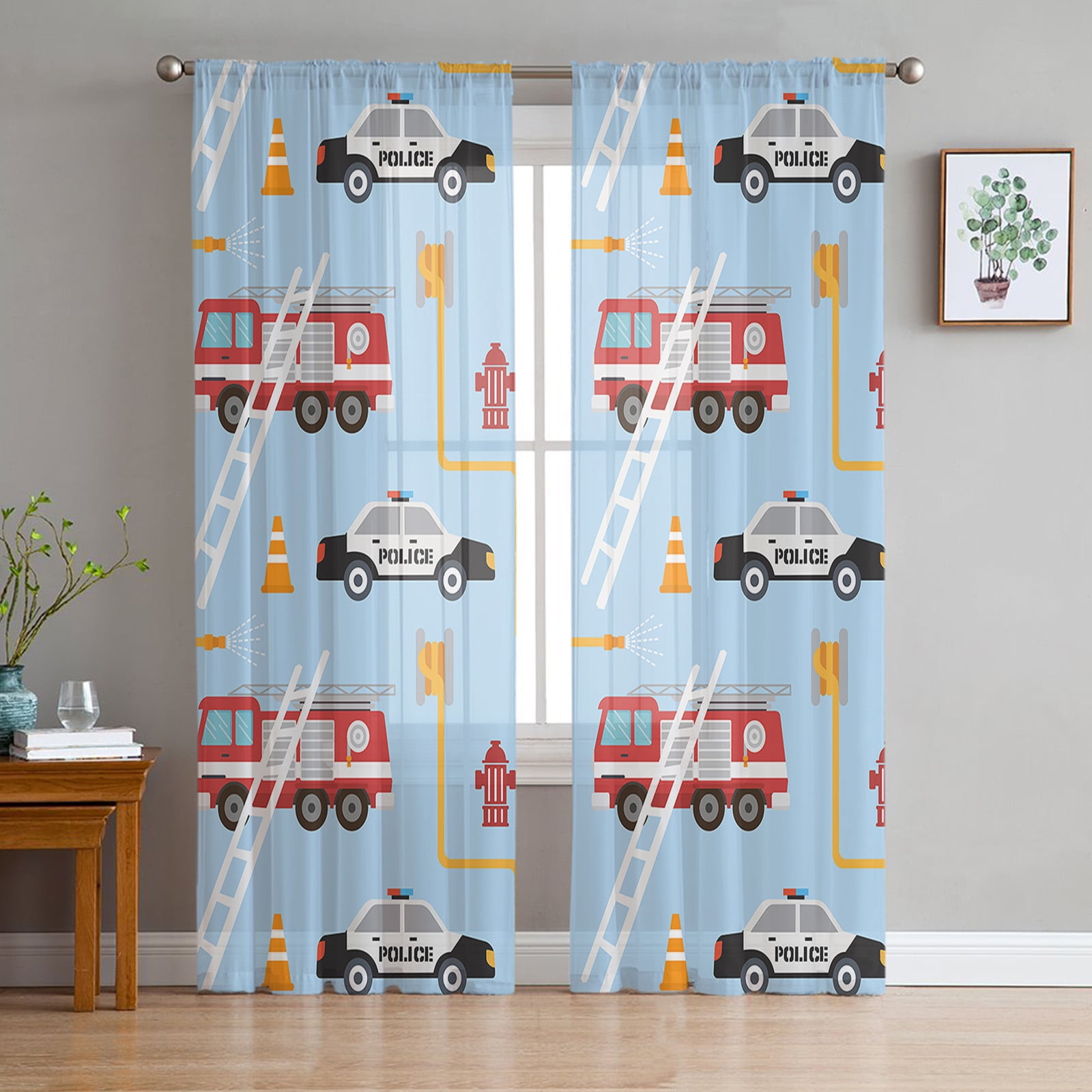 Cartoon Fire Truck Ambulance Police Car Tulle Curtains for Living Room ...