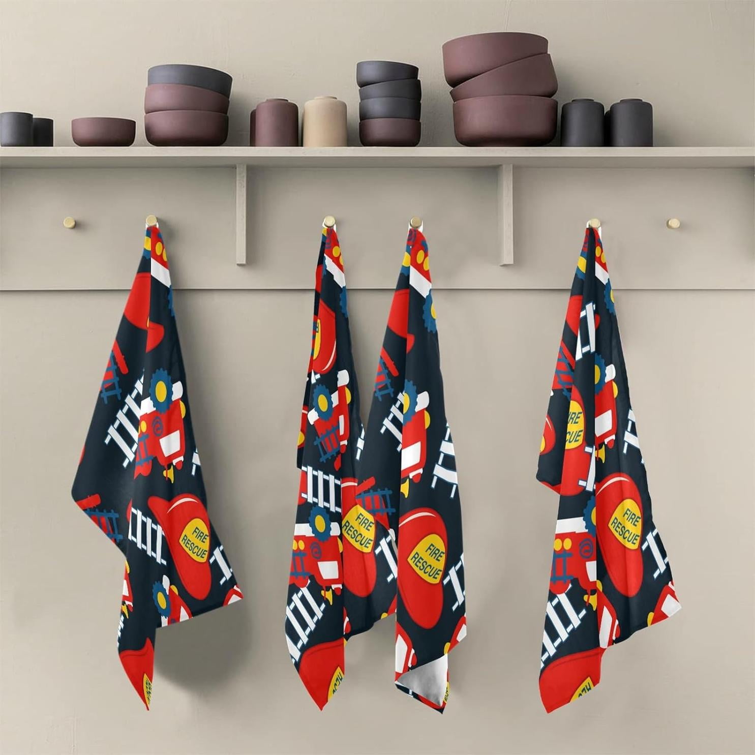 Cartoon Fire Truck Dish Towels Set of 6, Red Helmet Washable Tea Towels ...