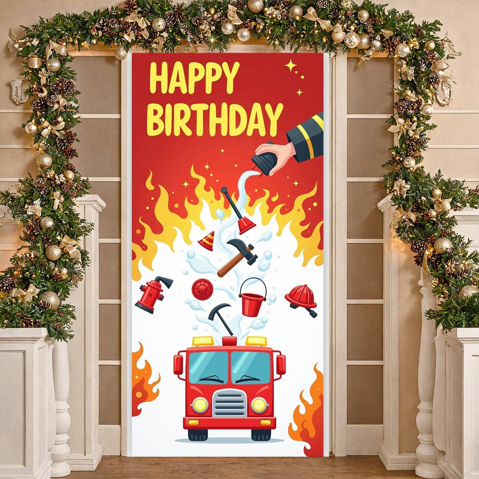 Cartoon Fire Truck Fire Truck Birthday Banner Red Theme Firefighter ...