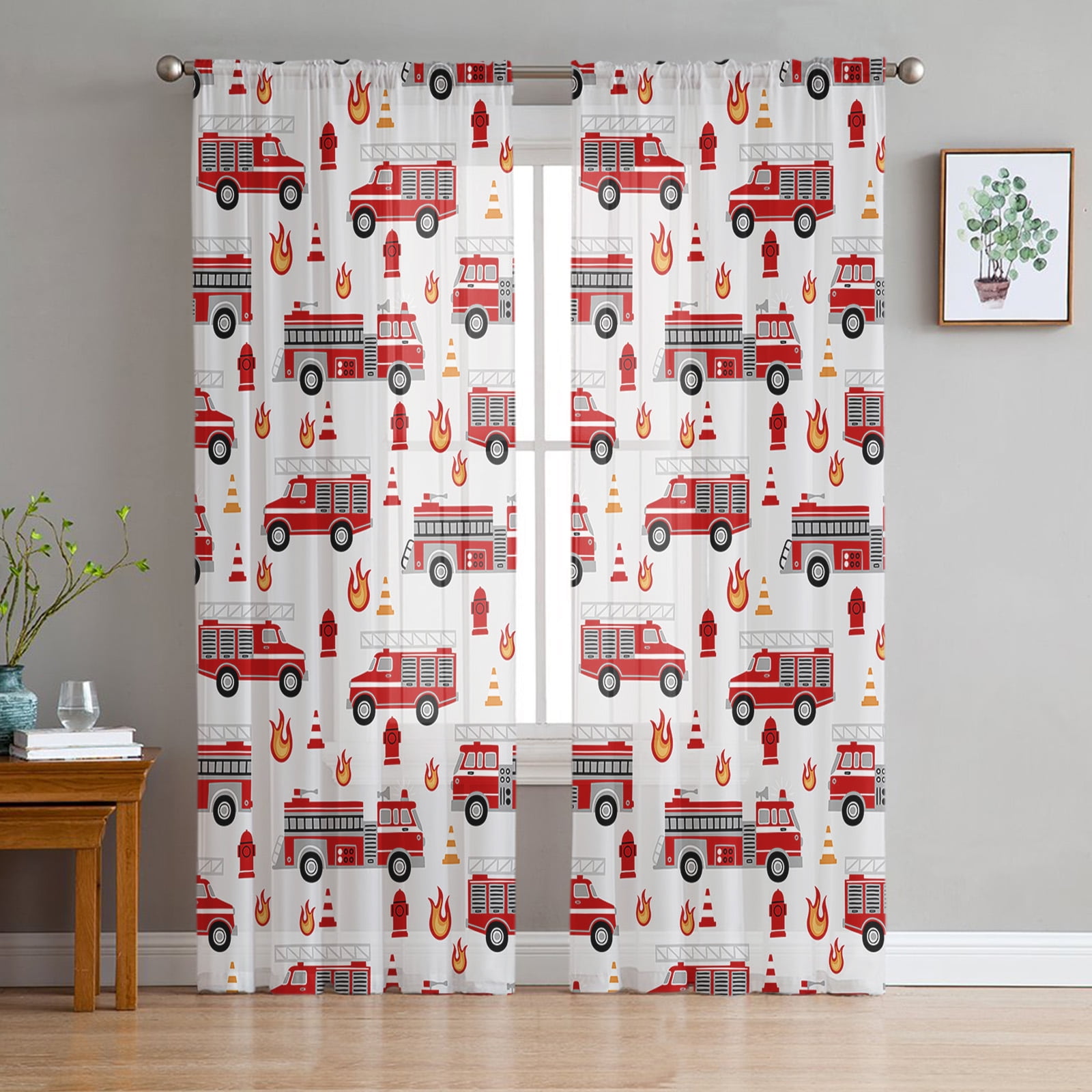 Cartoon Fire Truck Sheer Curtains for Living Room ration Window Curtains for Kitchen Tulle Voile ...